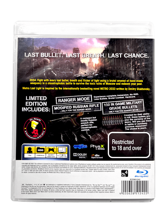 METRO LAST LIGHT LIMITED EDITION (PS3) *MINT COMPLETE* - Appleby Games